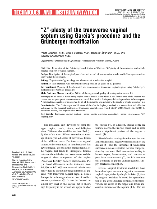 (PDF) “Z”-plasty of the transverse vaginal septum using Garcia’s procedure and the Grünberger ...