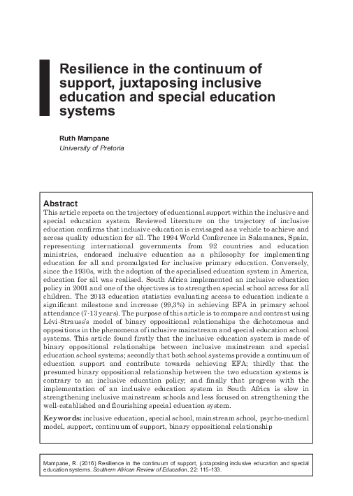 (PDF) Resilience in the continuum of support, juxtaposing inclusive ...