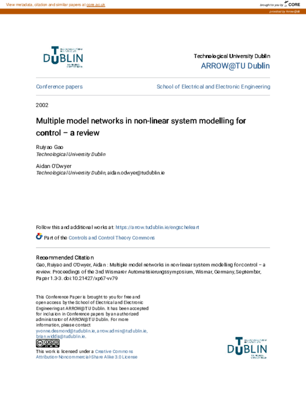 (PDF) Multiple model networks in non-linear system modelling for control – a review
