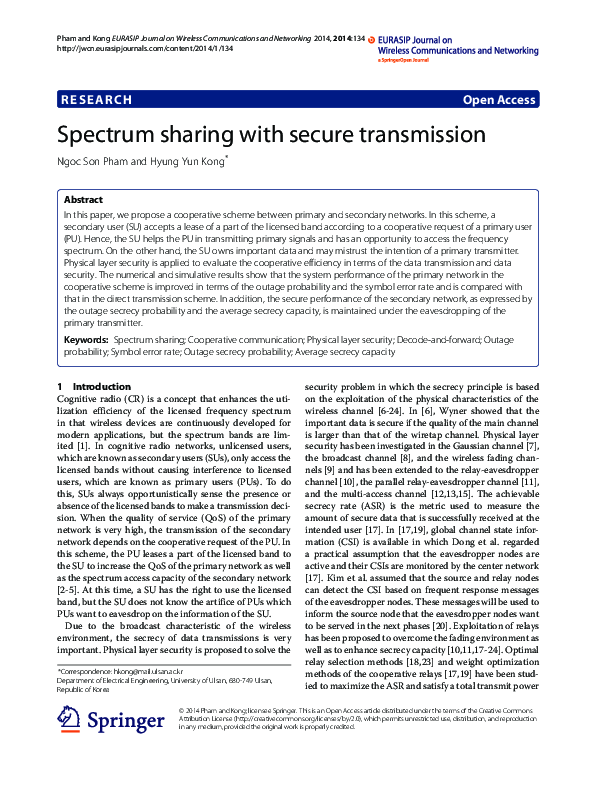 (PDF) Spectrum sharing with secure transmission