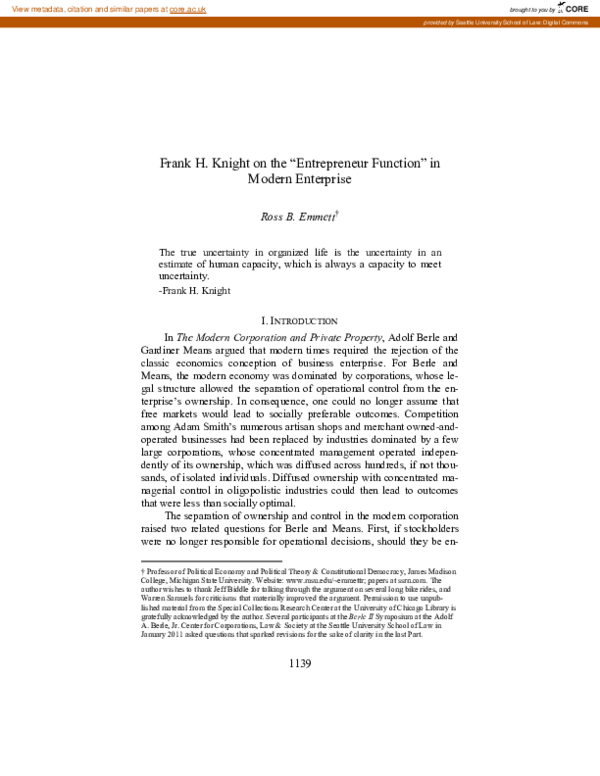 (PDF) Frank H. Knight on the 'Entrepreneur Function' in Modern Enterprise