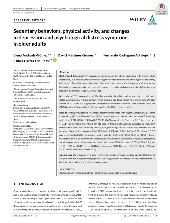 (PDF) Sedentary Behaviors and Mental Health in Seniors