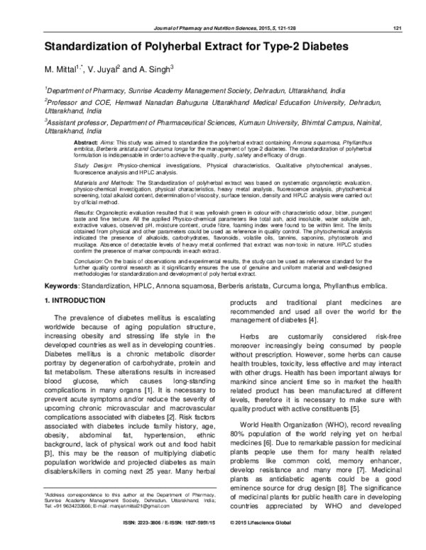 (PDF) Standardization of Polyherbal Extract for Type-2 Diabetes