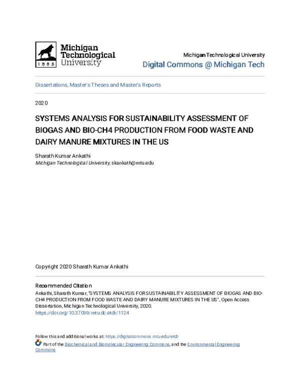 (PDF) Systems Analysis for Sustainability Assessment of Biogas and BIO-CH4 Production from Food ...