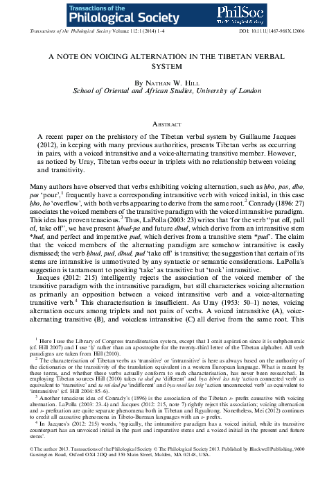 (PDF) A Note on Voicing Alternation In The Tibetan Verbal System