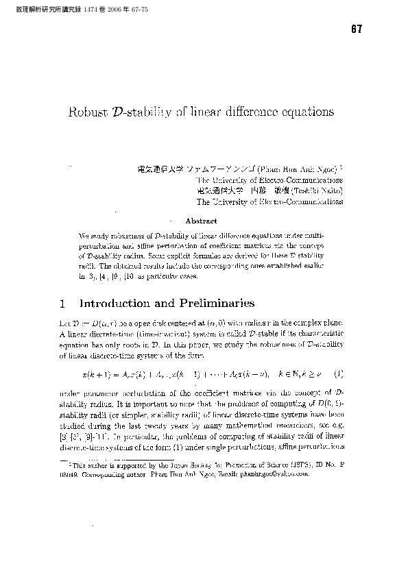(PDF) Stability of Linear Dierence Equations