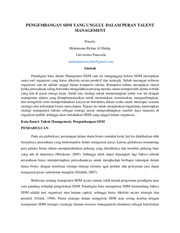 (PDF) PENGEMBANGAN SDM YANG UNGGUL DALAM PERAN TALENT MANAGEMENT Penulis