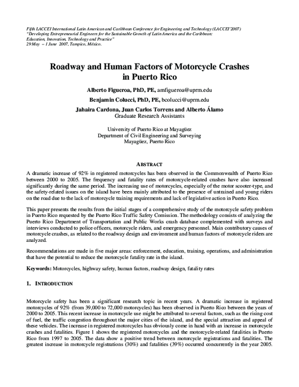 (PDF) Roadway and Human Factors of Motorcycle Crashes in Puerto Rico