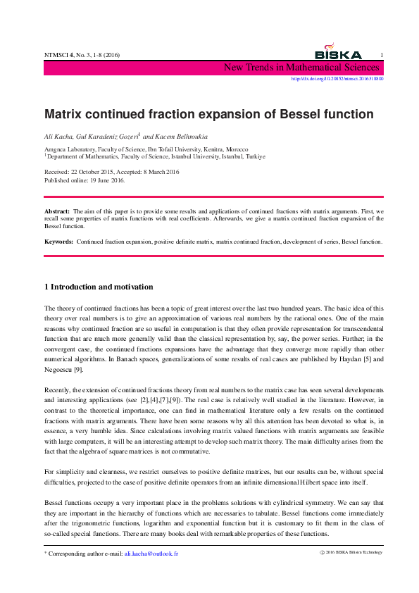 (PDF) Matrix continued fraction expansion of Bessel function
