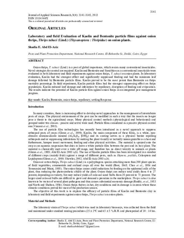 (PDF) ORIGINAL ARTICLES Laboratory and field Evaluation of Kaolin and ...