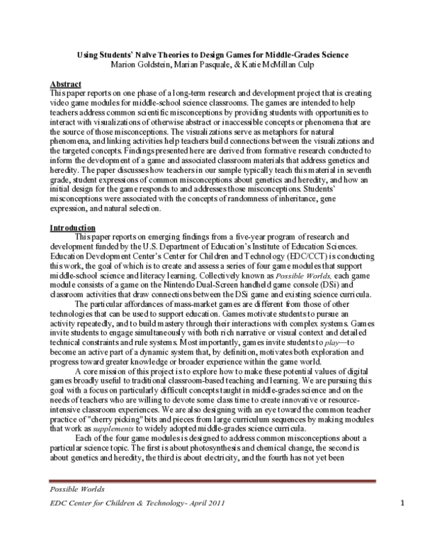 (PDF) Using Students' Naïve Theories to Design Games for Middle-Grades ...