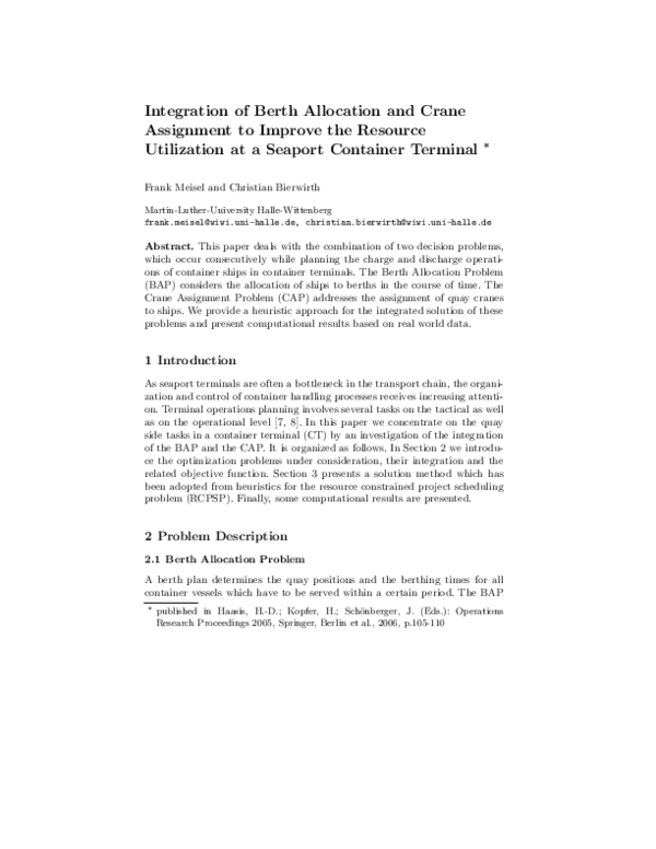 Pdf Integration Of Berth Allocation And Crane Assignment To Improve The Resource Utilization