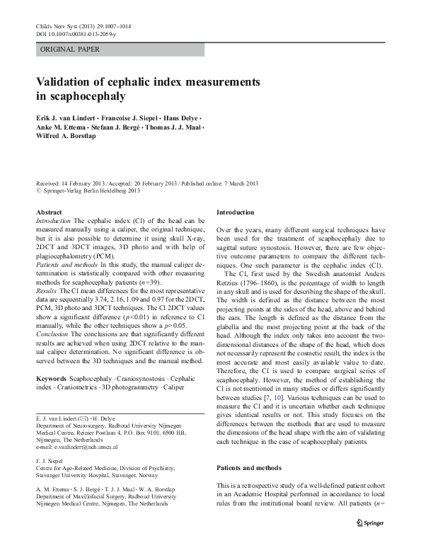 (PDF) Validation of cephalic index measurements in scaphocephaly