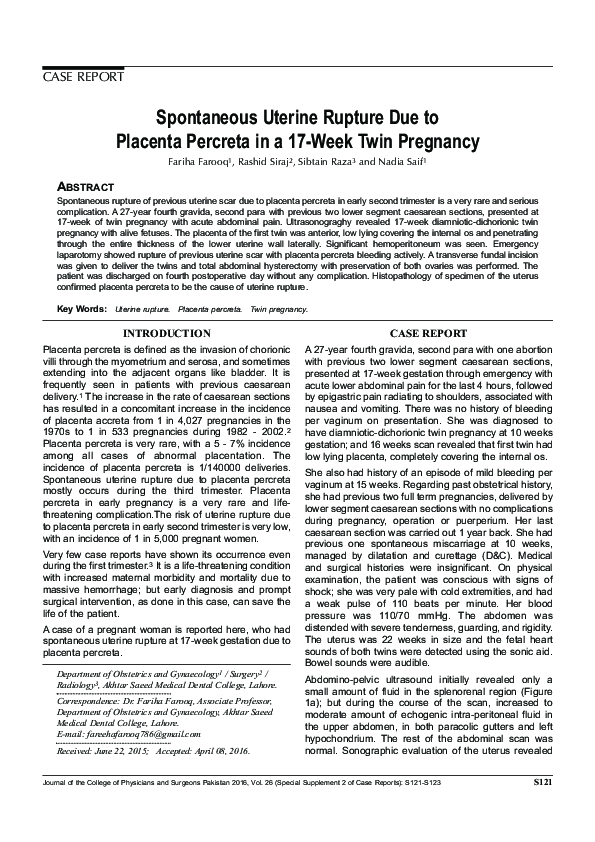 (PDF) Spontaneous uterine rupture due to placenta percreta during ...