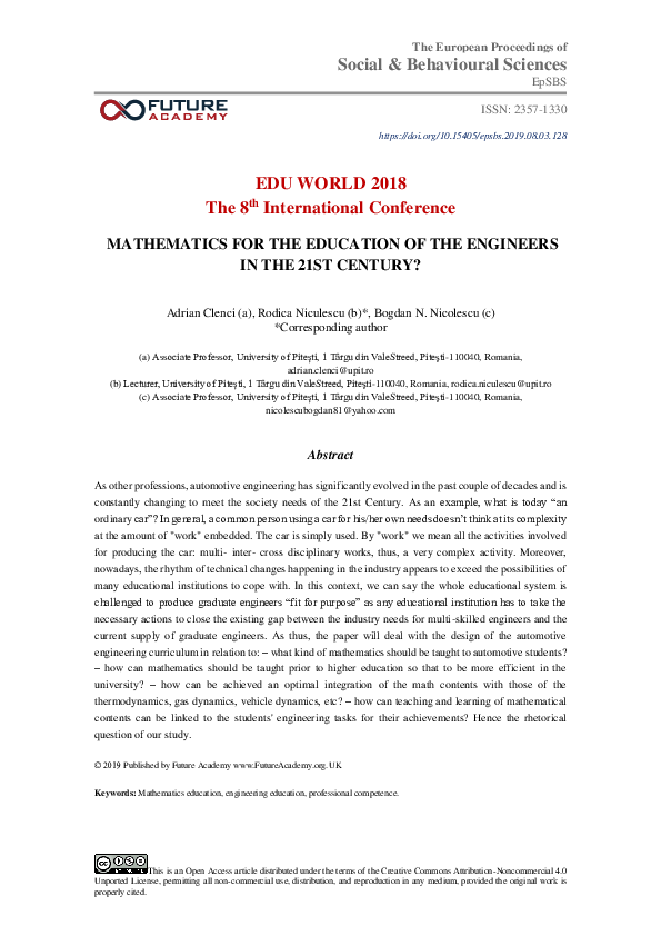 (PDF) Mathematics For The Education Of The Engineers In The 21st Century?