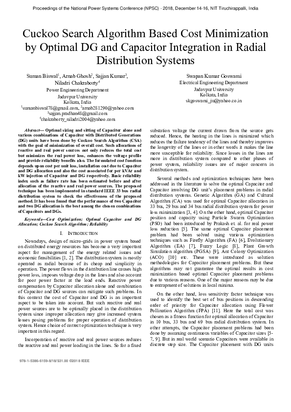 (PDF) Cuckoo Search Algorithm Based Cost Minimization by Optimal DG and Capacitor Integration in ...