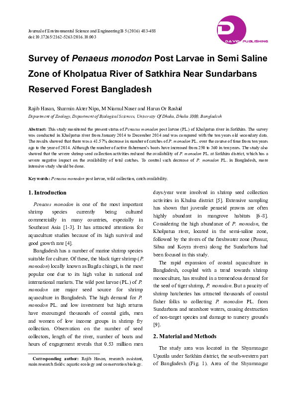(PDF) Survey of Penaeus monodon Post Larvae in Semi Saline Zone of Kholpatua River of Satkhira ...