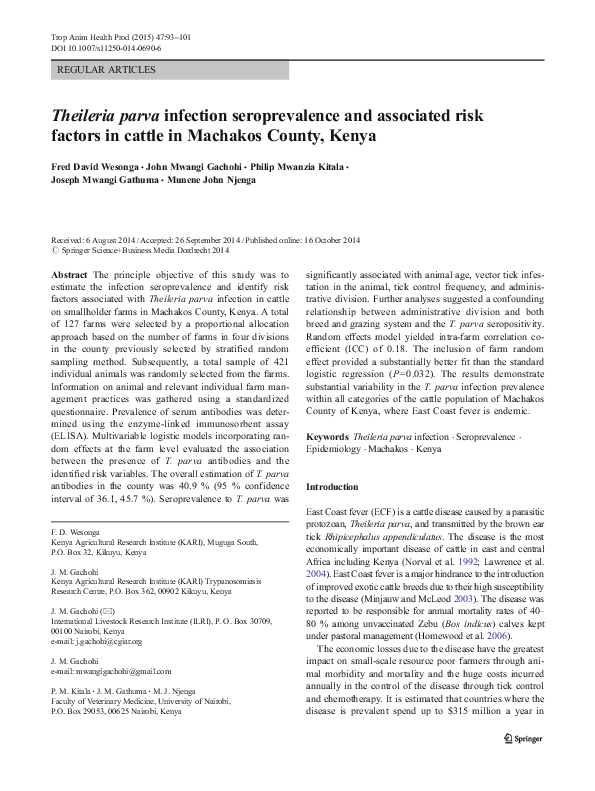 (PDF) Theileria parva infection seroprevalence and associated risk ...