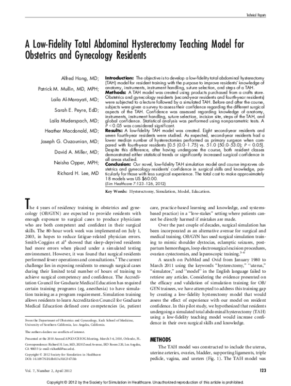 (PDF) A Low-Fidelity Total Abdominal Hysterectomy Teaching Model for ...