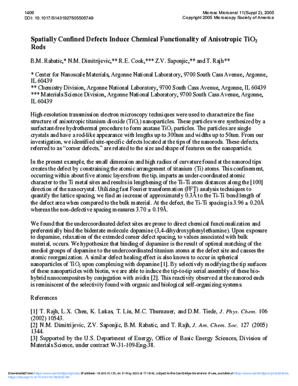 (PDF) Spatially Confined Defects Induce Chemical Functionality of Anisotropic TiO2 Rods | Tijana ...