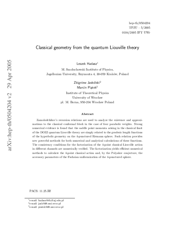 (PDF) Classical geometry from the quantum Liouville theory