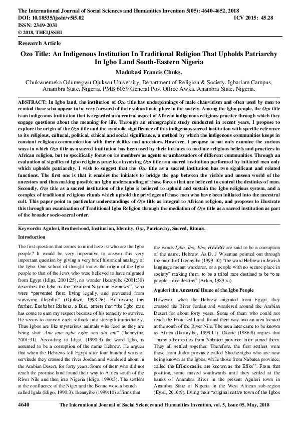 (PDF) Ozo Title: An Indigenous Institution In Traditional Religion That ...