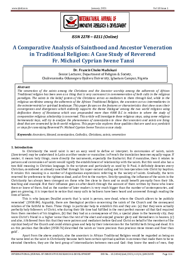 (PDF) A Comparative Analysis of Sainthood and Ancestor Veneration in Traditional Religion: A ...