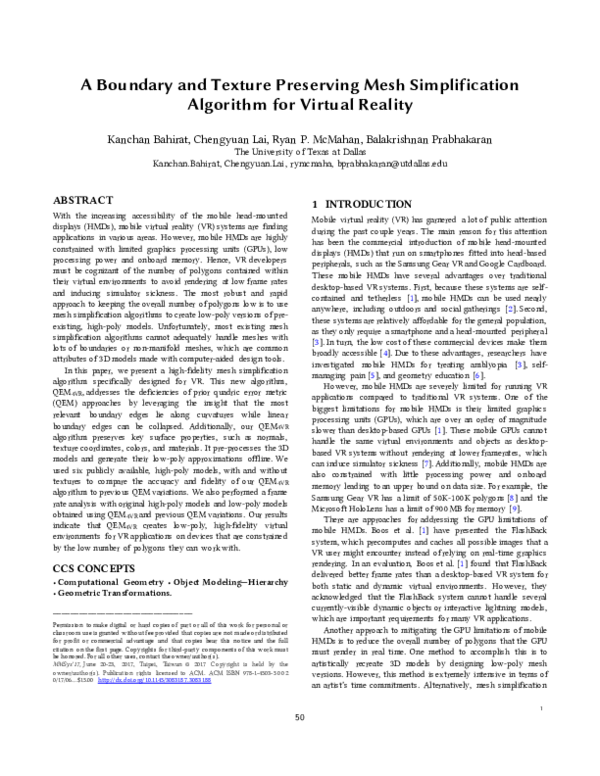 (PDF) A Boundary and Texture Preserving Mesh Simplification Algorithm for Virtual Reality