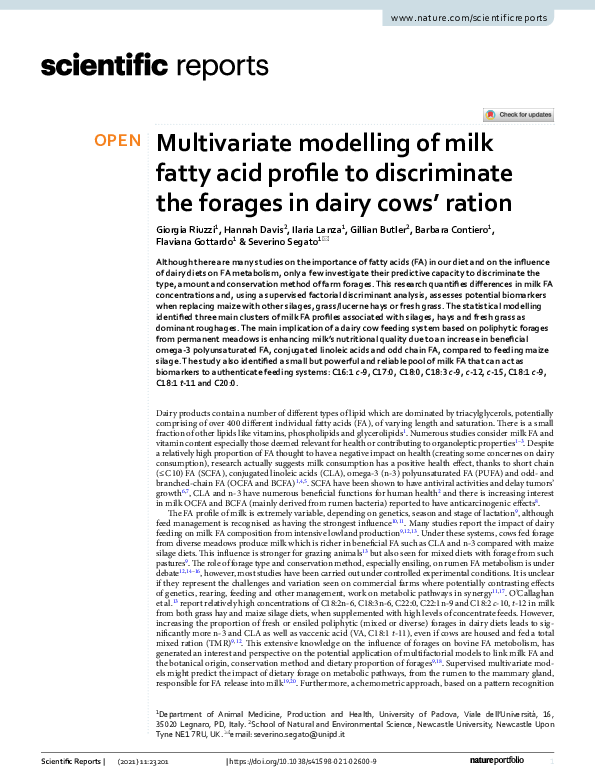 (PDF) Multivariate modelling of milk fatty acid profile to discriminate the forages in dairy ...