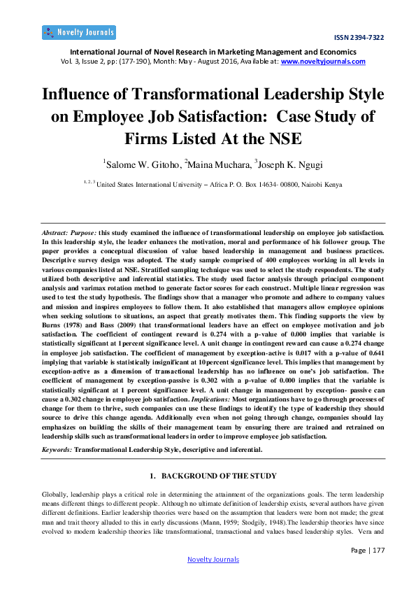 (PDF) Influence of Transformational Leadership Style on Employee Job Satisfaction : Case Study ...