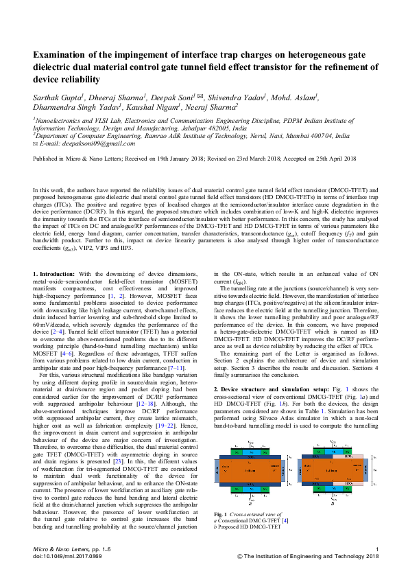 (PDF) Examination of the impingement of interface trap charges on heterogeneous gate dielectric ...