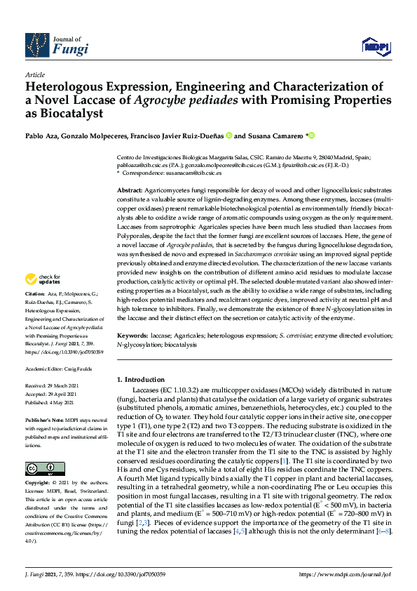 (PDF) Heterologous Expression, Engineering and Characterization of a Novel Laccase of Agrocybe ...