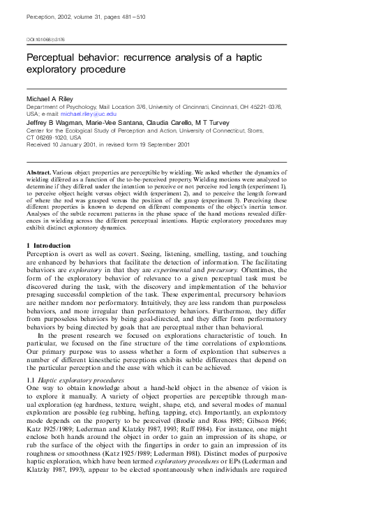 Pdf Perceptual Behavior Recurrence Analysis Of A Haptic Exploratory Procedure