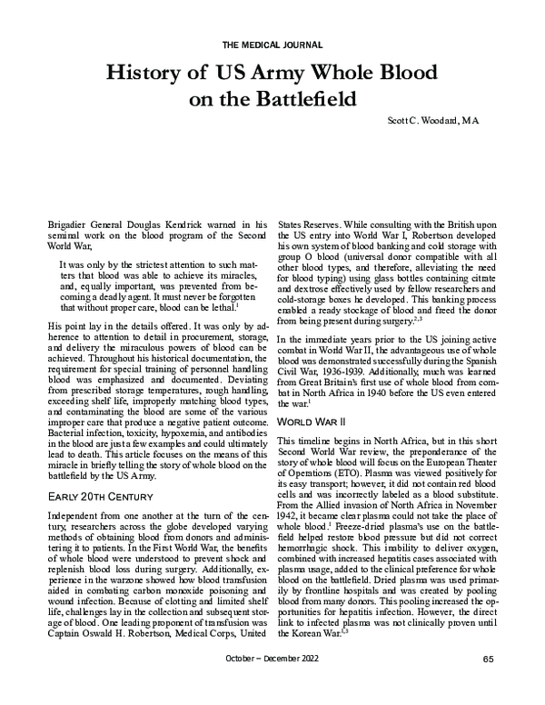 (PDF) History of US Army Whole Blood on the Battlefield
