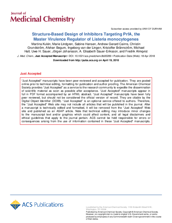 (PDF) Structure-Based Design of Inhibitors Targeting PrfA, the Master Virulence Regulator of ...