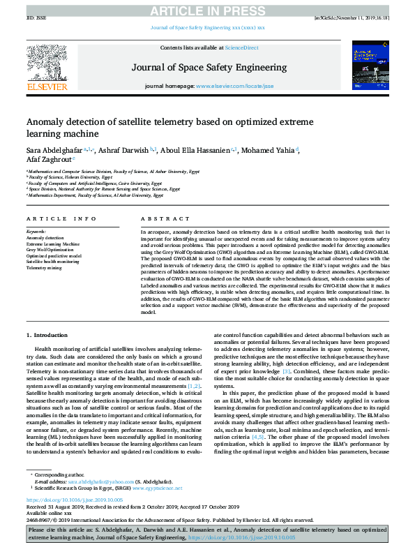 Pdf Anomaly Detection Of Satellite Telemetry Based On Optimized Extreme Learning Machine