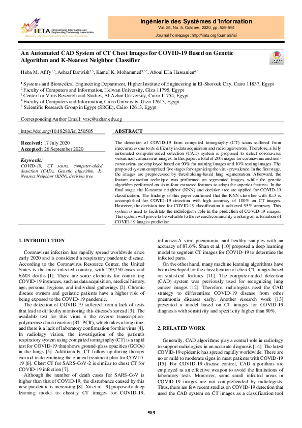 (PDF) An Automated CAD System of CT Chest Images for COVID-19 Based on Genetic Algorithm and K ...
