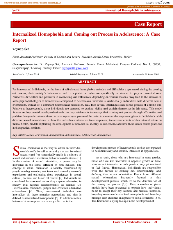 (PDF) Internalized Homophobia and Coming Out Process in Adolescence: A ...