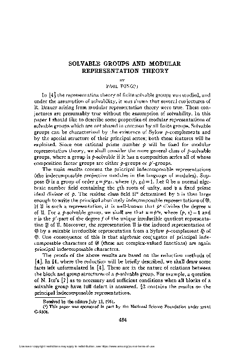 (PDF) Solvable groups and modular representation theory