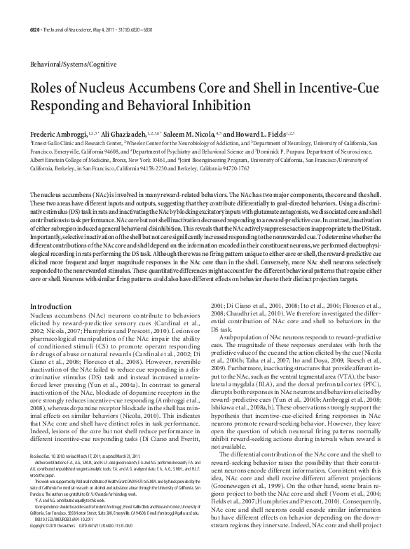 (PDF) Roles of Nucleus Accumbens Core and Shell in Incentive-Cue ...
