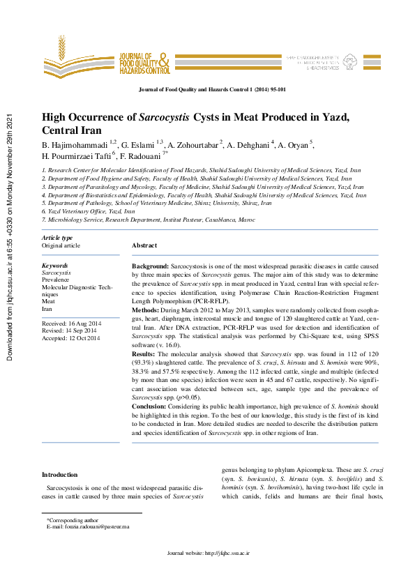 (PDF) High Occurrence of Sarcocystis Cysts in Meat Produced in Yazd ...