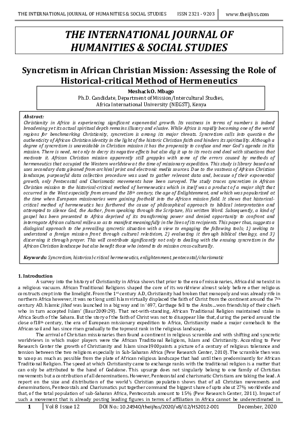 (PDF) Syncretism in African Christian Mission: Assessing the Role of ...