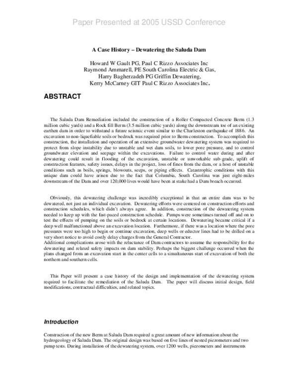 (PDF) A Case History - Dewatering the Saluda Dam