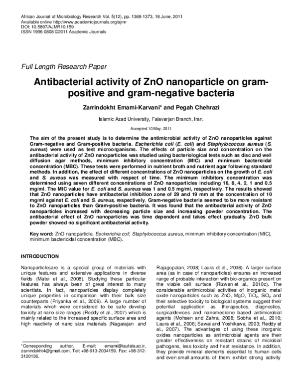 (PDF) Antibacterial activity of ZnO nanoparticle on Gram-positive and Gram-negative bacteria