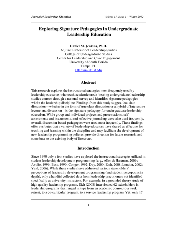 (PDF) Exploring Signature Pedagogies in Undergraduate Leadership Education