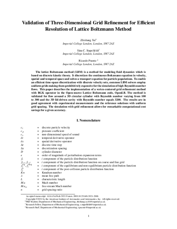 (PDF) Validation of Three-Dimensional Grid Refinement for Lattice Boltzmann Methods