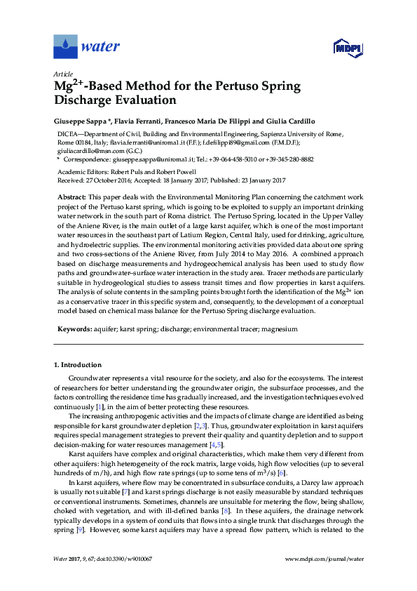 (PDF) Mg2+-Based Method for the Pertuso Spring Discharge Evaluation | Francesco Maria De Filippi ...
