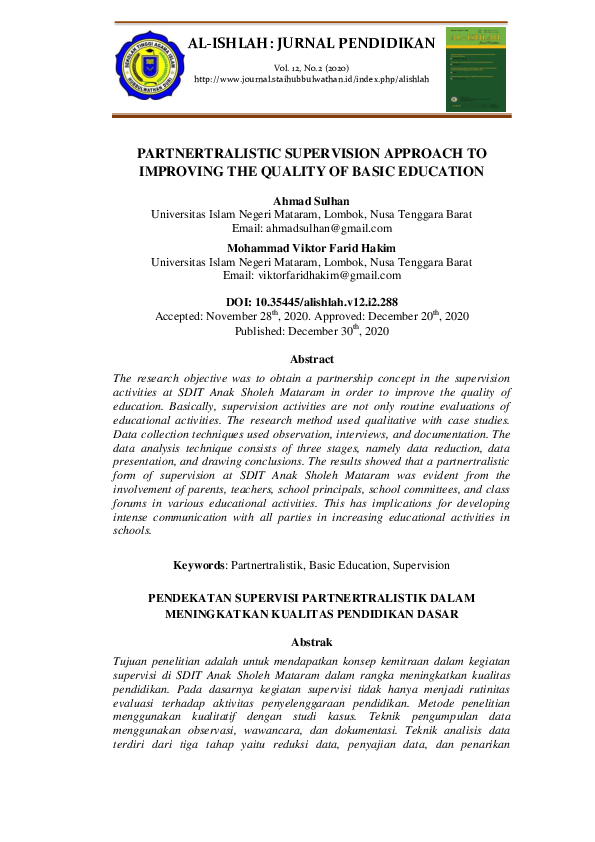 (PDF) Ppartnertralistic Supervision Approach to Improving the Quality of Basic Education | Ahmad ...