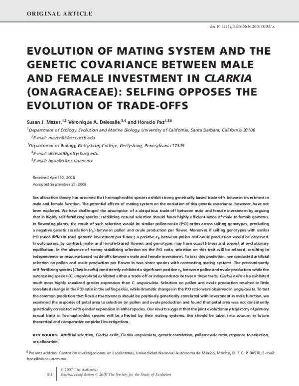 (PDF) Evolution of Mating System and the Genetic Covariance Between ...