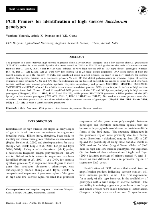 (PDF) PCR Primers for identification of high sucrose Saccharum genotypes